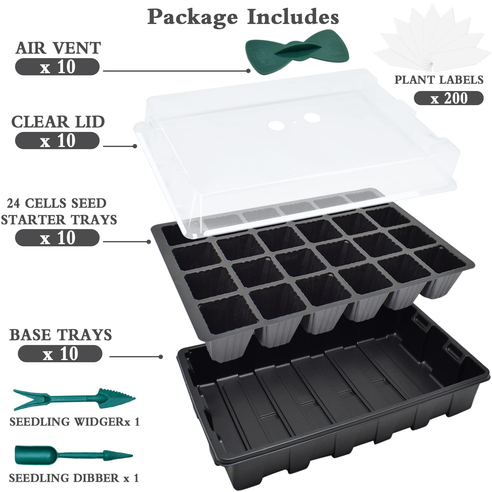 Halatool 6 Set Seedling Trays Seed Starter Kit- 240 Cells Plant Germination Tray with Dome and Tray Base for Growing and Cloning (40 Cells Per Tray, Black)