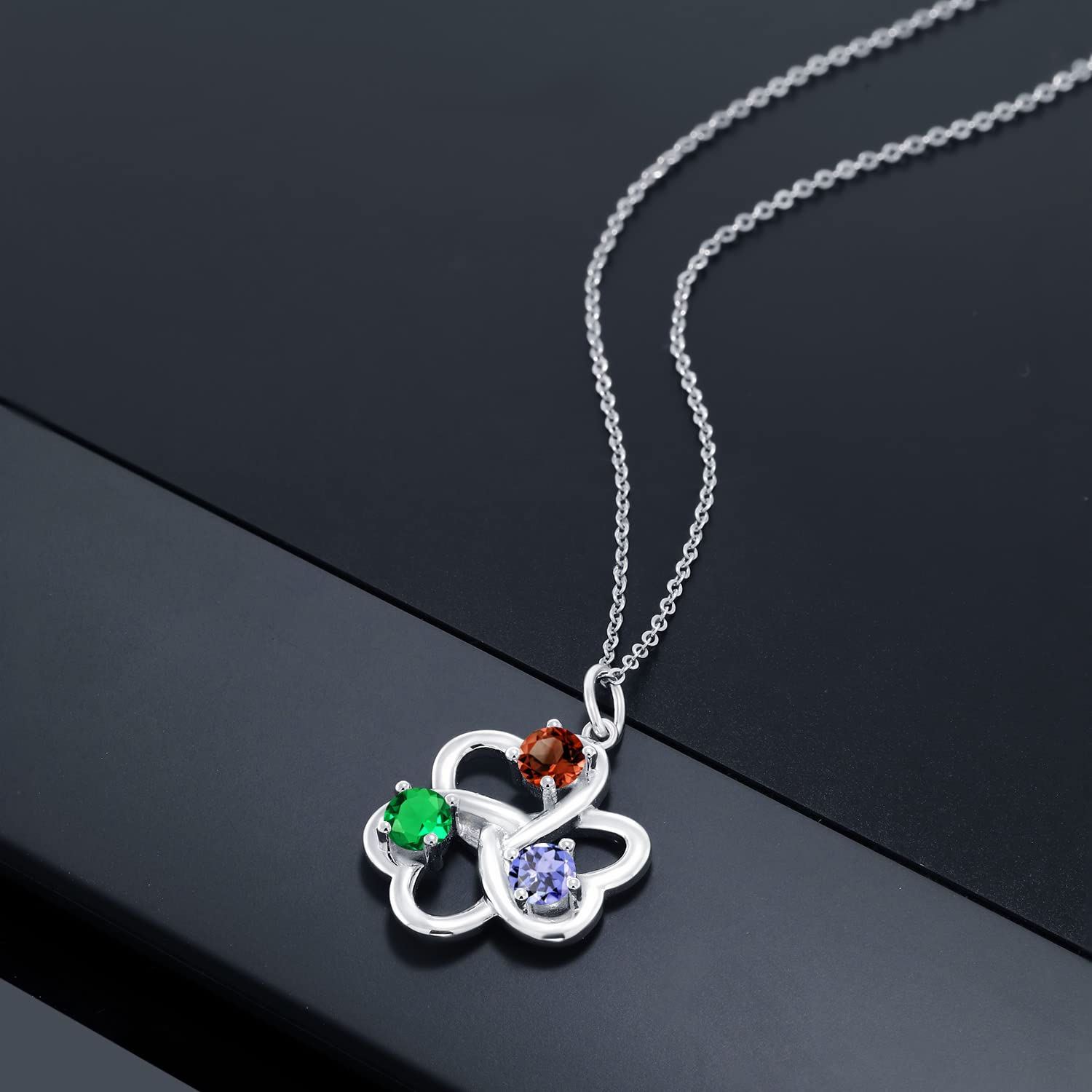 Gem Stone King 925 Sterling Silver 4MM Round Gemstone Birthstone 3 Hearts Interlock Pendant Necklace For Women with 18 Inch Silver Chain