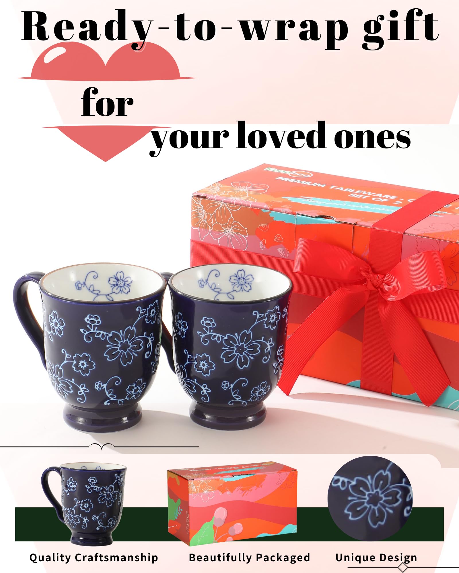 KUNABOO Artisanal Ceramic Mugs, Ceramic Coffee Cups, Coffee Mug Set of 2-11 oz -Sakura Floral Series Midnight Blue - Ready to Wrap Gift