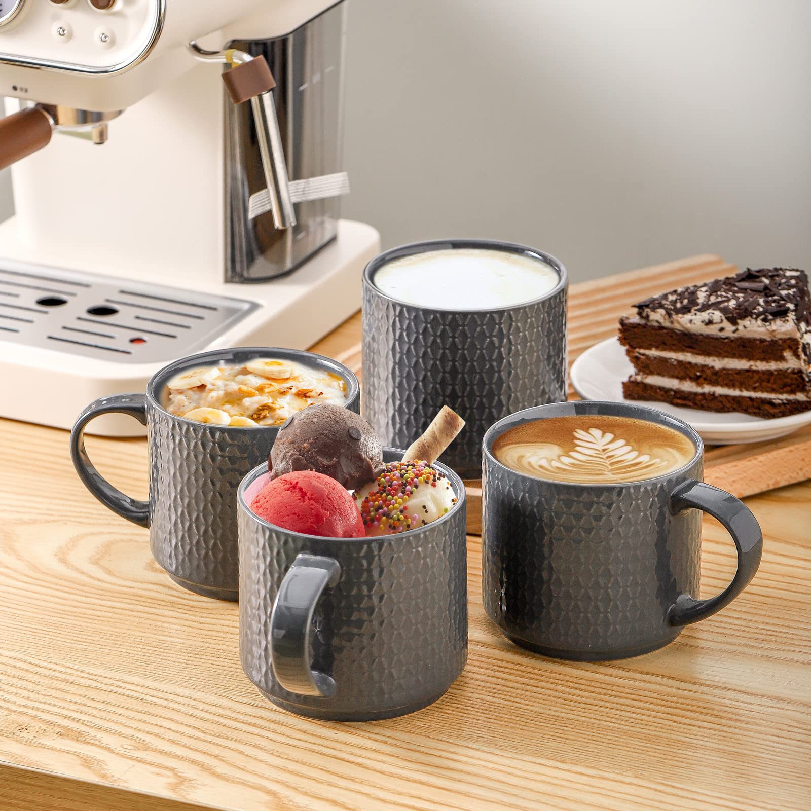Hasense Coffee Mugs Set of 4 with Stand, 15 oz Porcelain Stackable Coffee Cups Set with handle for Tea, Latte, Milk and Cappuccino, Grey Embossed Tea Cups Set with Geometric Patterns for Men and Women