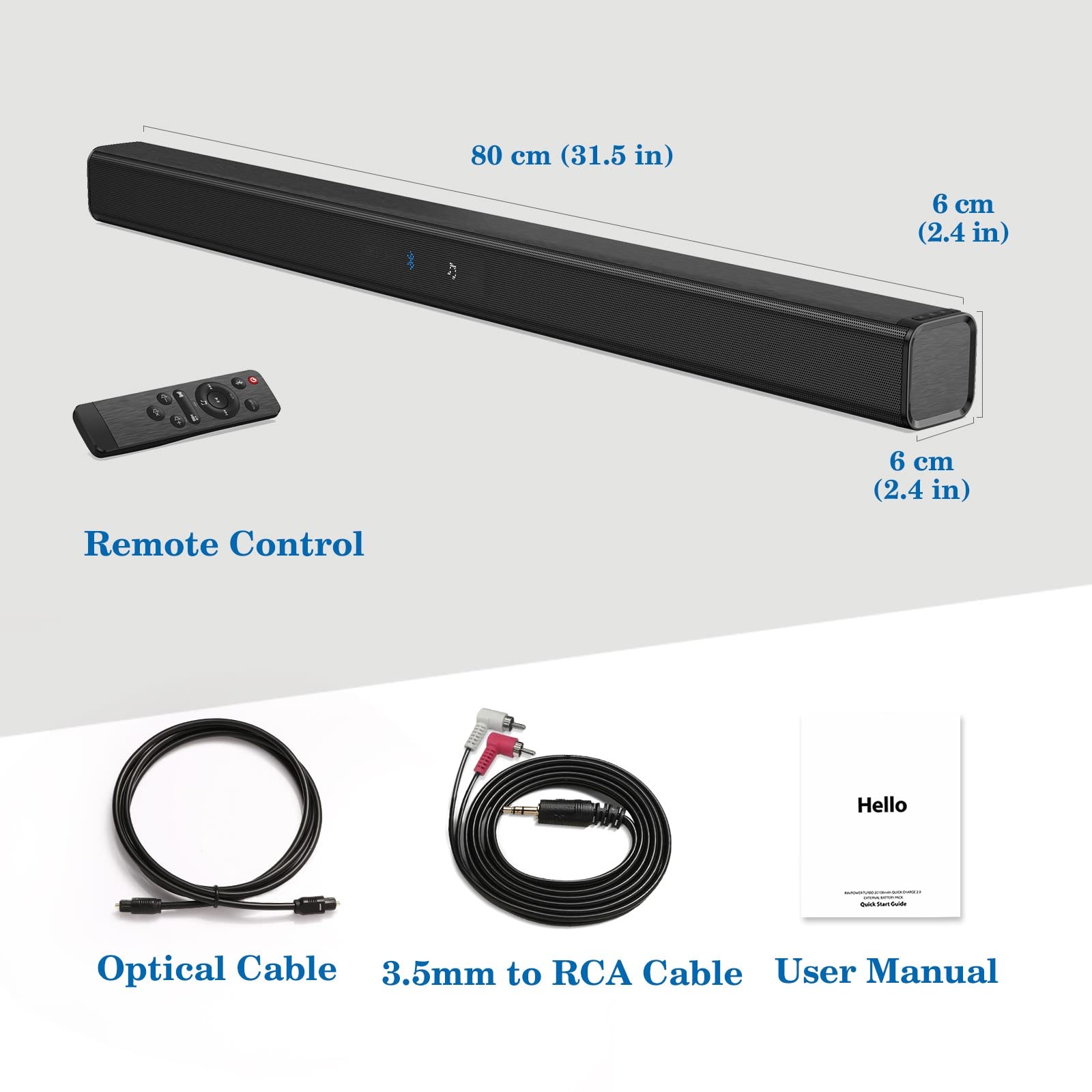 Hsoipn TV Soundbar, Wired & Wireless Bluetooth 5.0 Stereo Sound bar for TV, Three Equalizer Mode Audio Speaker for TV, Optical/Aux/RCA Connection, Wall Mountable, Remote Control