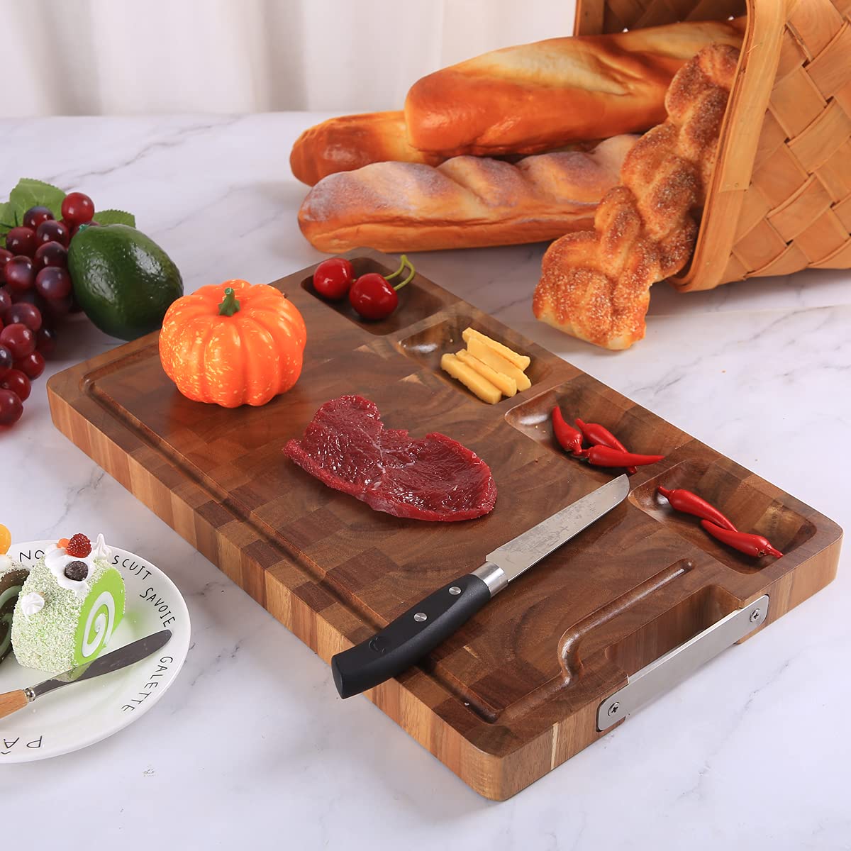 HHXRISE Acacia Wood Cutting Board for Kitchen, with 4 Built-in Compartments and Juice Grooves, Chopping Board with Handle, Butcher Block, Carving Board