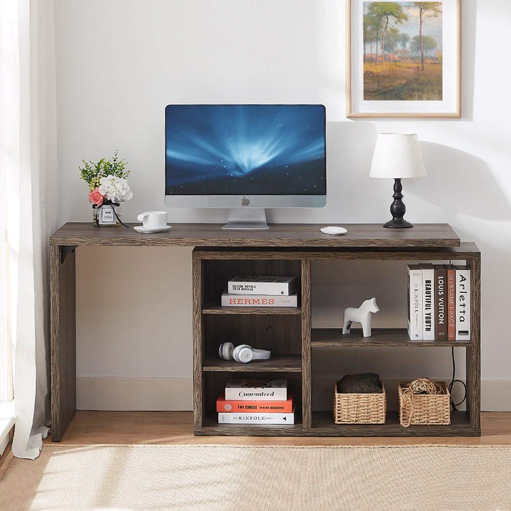 HSH L Shaped Computer Desk, Rustic Wood Corner Desk, Industrial Writing Workstation Table with Cabinet Drawer Storage for Home Office Study, Grey 60 inch