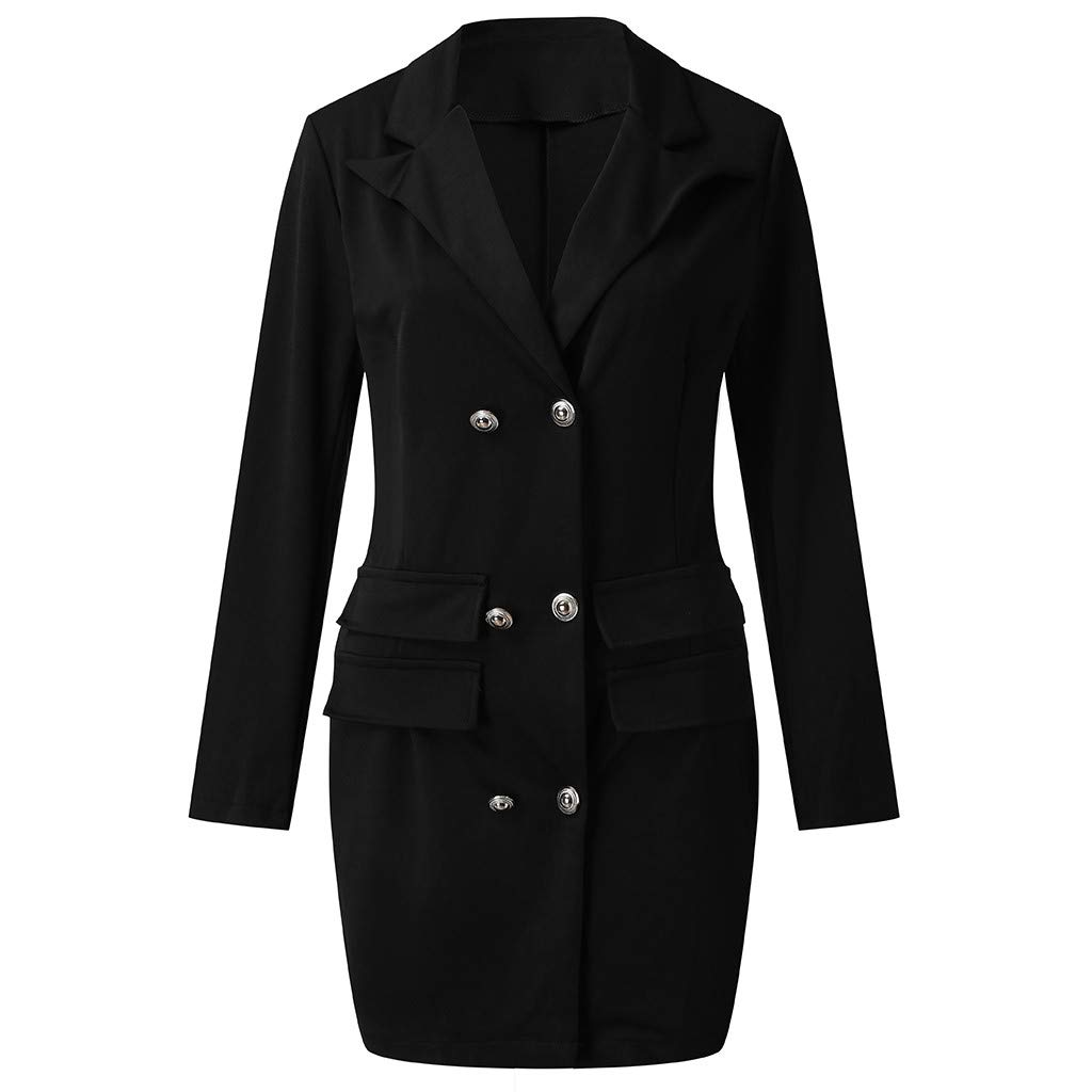 Keepfit Women's Suit Dress Solid Double Breasted Long Sleeve Business Dress Notch Collar Slim Fit Dress for Work Black