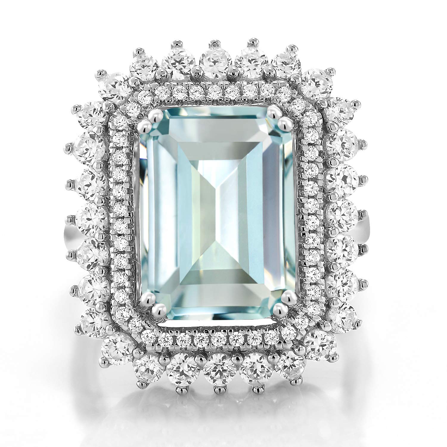 Gem Stone King 925 Sterling Silver Sky Blue Simulated Aquamarine Ring For Women (7.24 Cttw, Emerald Cut 14X10MM, Available In Size 5, 6, 7, 8, 9)
