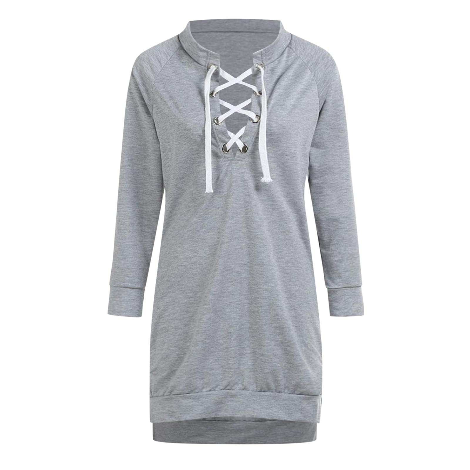 Keepfit Women's Lace Up V-Neck Sweatshirt Dress Raglan Long Sleeve Spring Fall Drawstring Solid Mini Dress Gray