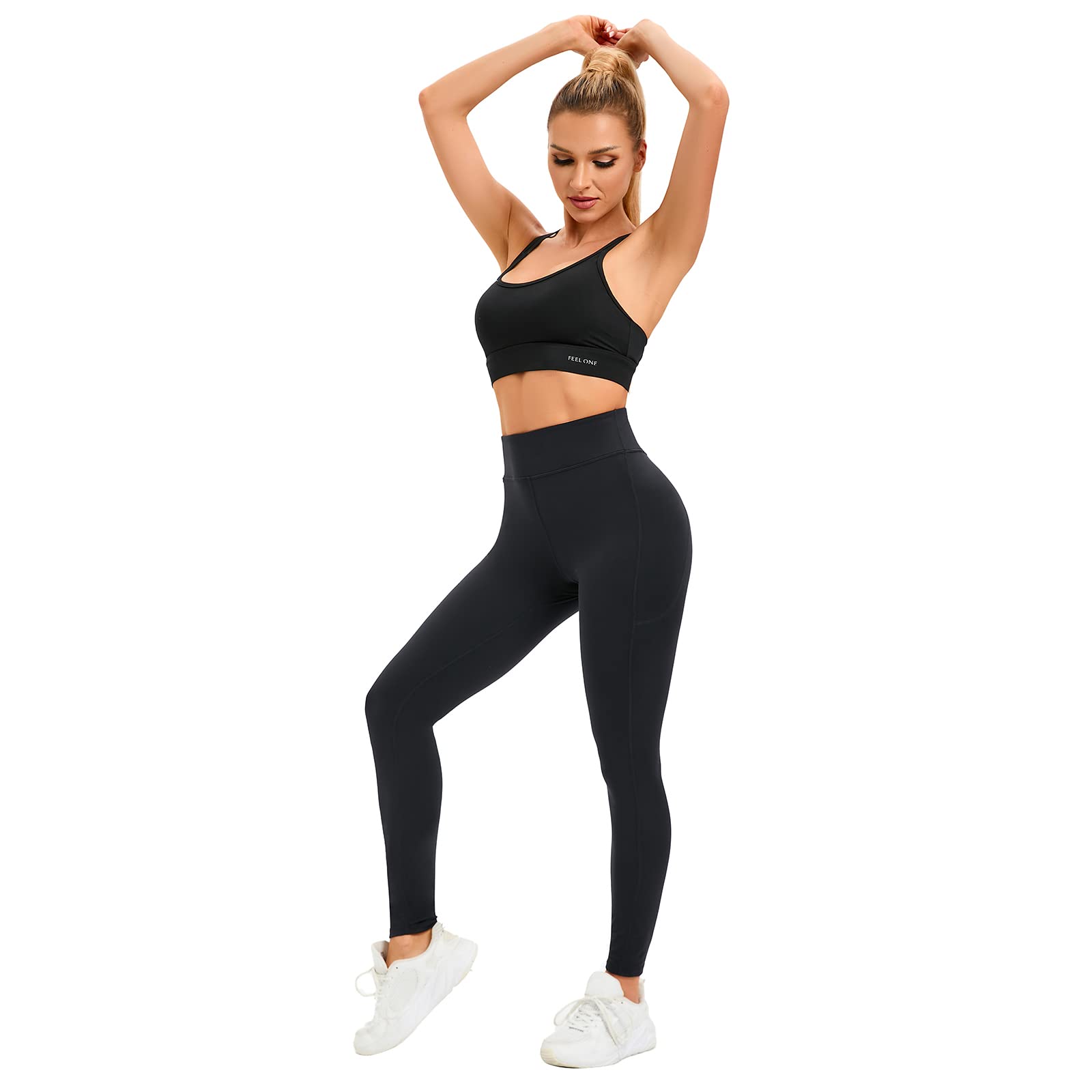 jorkolala Woman‘s Yoga Pants with Pockets Tummy Control, 4 Ways Stretch Workout Running Yoga Leggings Black