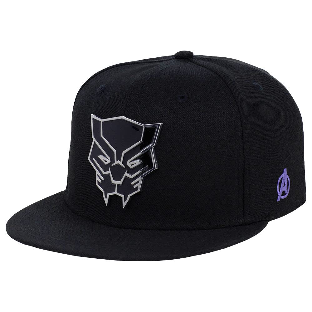 Marvel Black Panther Metal Logo Fitted Flat Bill Cap, Black/Blue 7 5/8