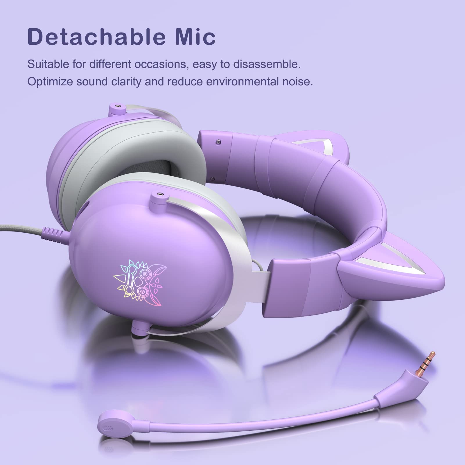 HOLULU Gaming Headset with Removable Cat Ears, Compatible with PC Mobile Phones Tablet, PS5 PS4 Xbox One(Adapter Not Included), with RGB Backlight, Removable Mic, 3.5mm & USB C Plug, Purple