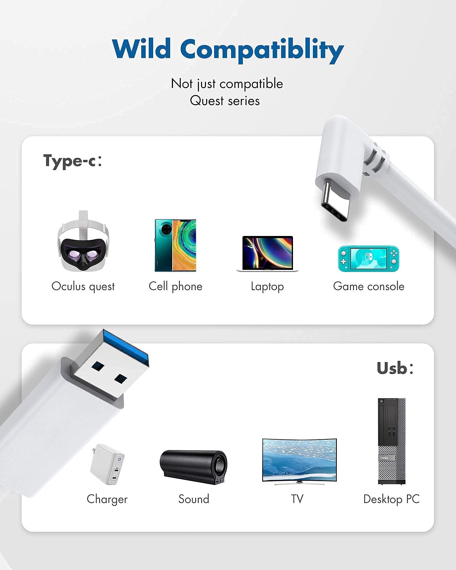 KIWI design Silicone Grip Cover and 16FT Link Cable A to C Gray Color for Quest 2