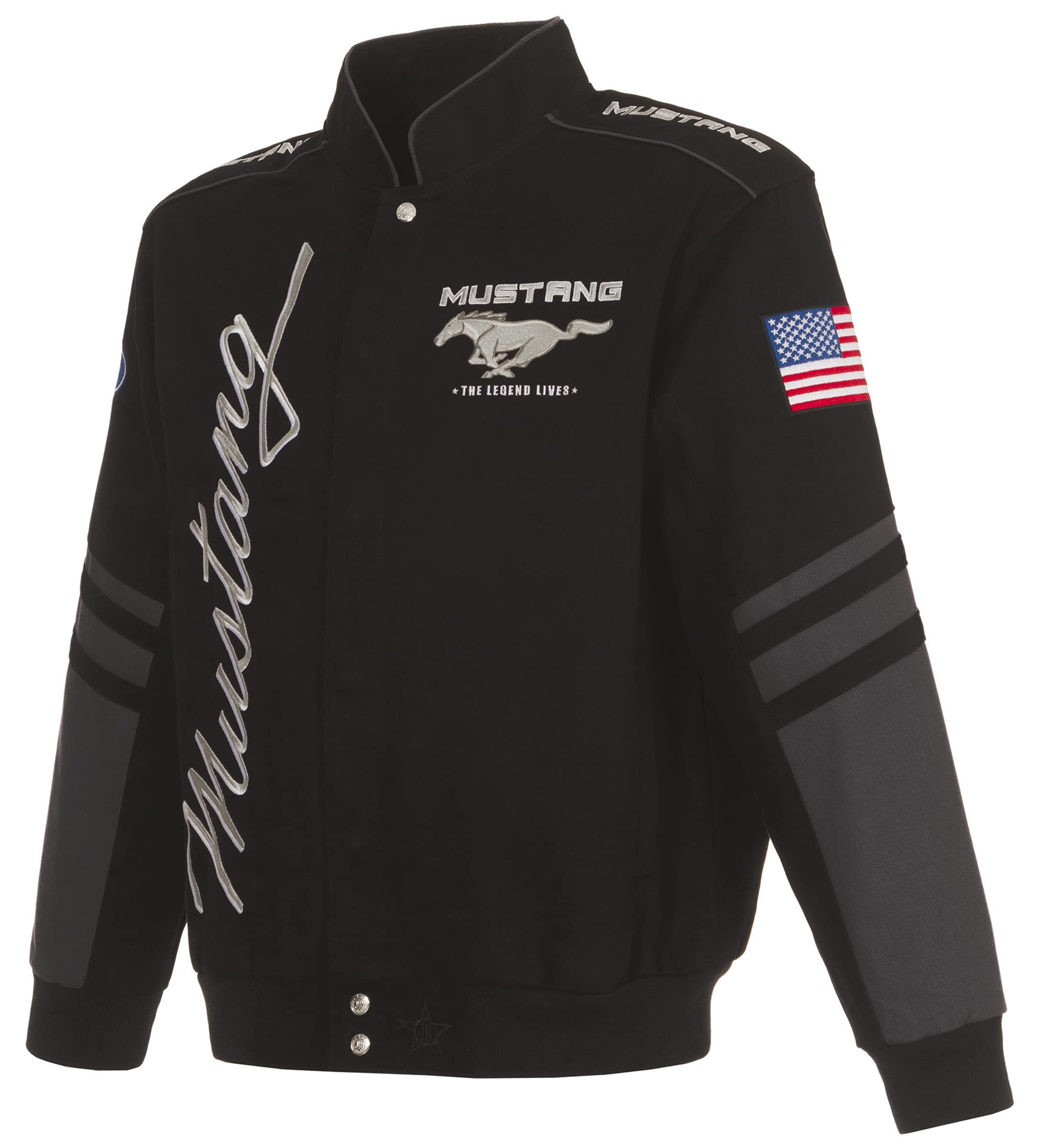 JH DESIGN GROUP Men's Ford Mustang Jacket an Embroidered Classic Twill Coat (BSC1 Black, Large)