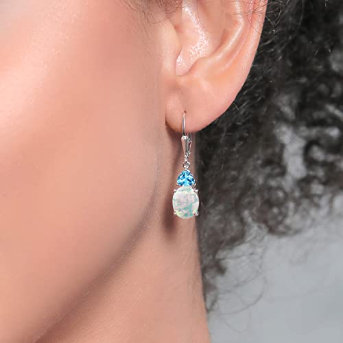 Gem Stone King 925 Sterling Silver White Simulated Opal and Swiss Blue Topaz Dangle Earrings For Women (4.56 Cttw, Gemstone October Birthstone, Oval Cabochon 10X8MM, Trillion 5MM)