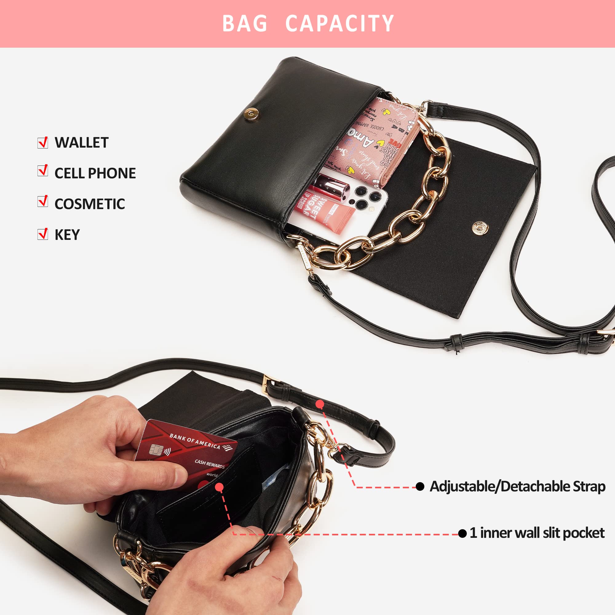 Like Dreams Womens Soft Vegan Leather Crossbody Bag Oversized Gold Chain Detachable Strap Small Hobo Handbag (Black)