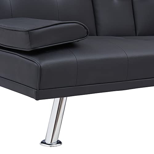 Ucloveria Modern Faux Leather, Multifunctional Sofa Bed, Convertible Folding Recliner Lounge Futon Couch for Living Room with 2 Cup Holders with Armrest(Black)