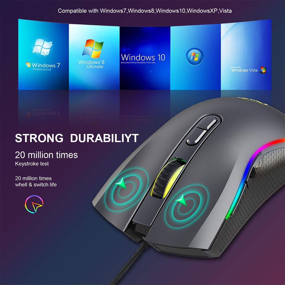 GTRACING Gaming Mouse 7200 DPI 7 Programmable RGB Wired Ergonomic Game USB Computer Mice RGB Gamer Desktop Laptop Pc Gaming Mouse, Breathing Light 7 Buttons for Windows 7/8/10/XP Vista, Black