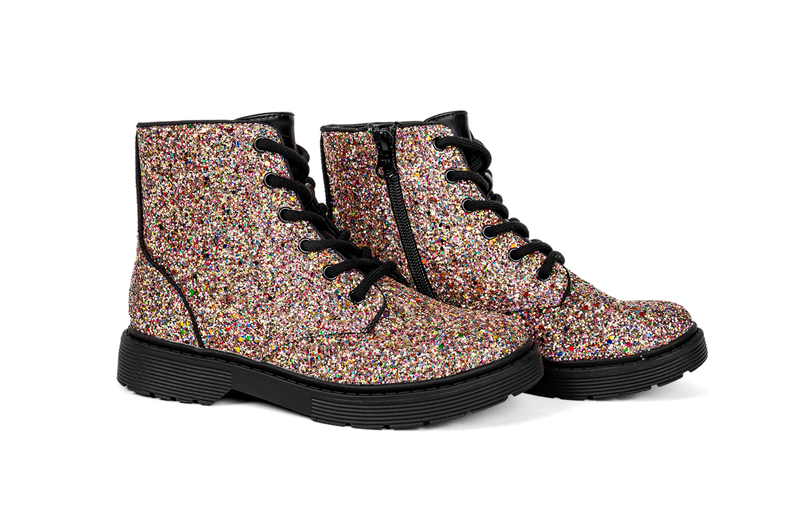 Girls Boys Glitter Ankle Boots Side Zipper Combat Shoes with Lace Up Multi-color size 2.