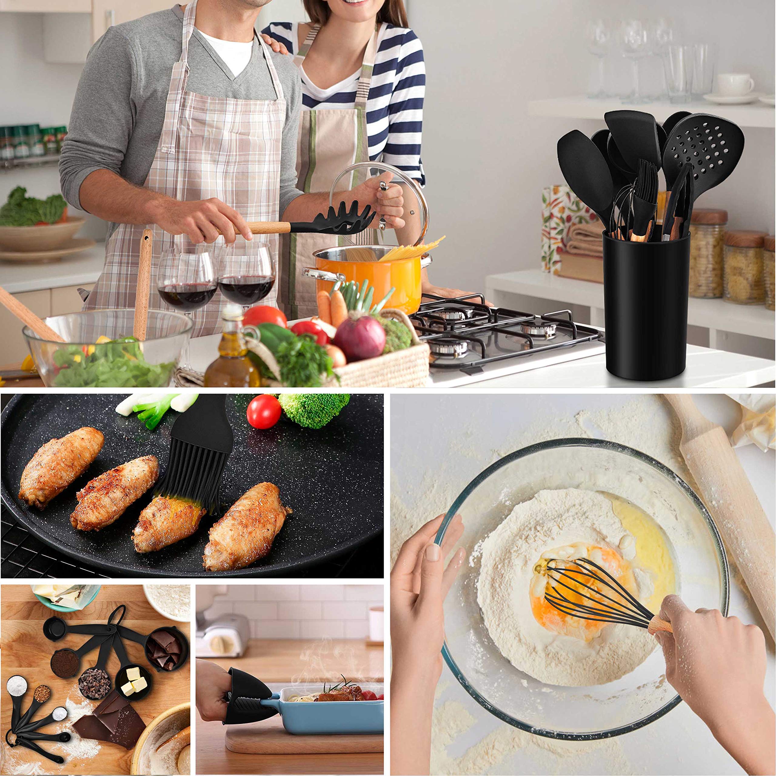 Homikit 25-Piece Kitchen Cooking Utensils Set with Holder, Silicone Spatula Spoon Ladle Turner Skimmer for Nonstick Cookware, Kitchen Tools Gadgets with Wooden Handle, Black