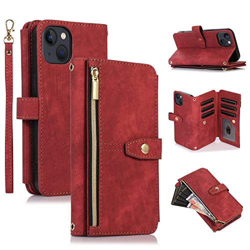 UEEBAI Crossbody Wallet Case for iPhone 13/iPhone 14 6.1 inch, 9 Card Slots Adjustable Crossbody Zipper Cover Detachable Lanyard Strap Flip Case with Hand Strap Kickstand Case - Red Wine