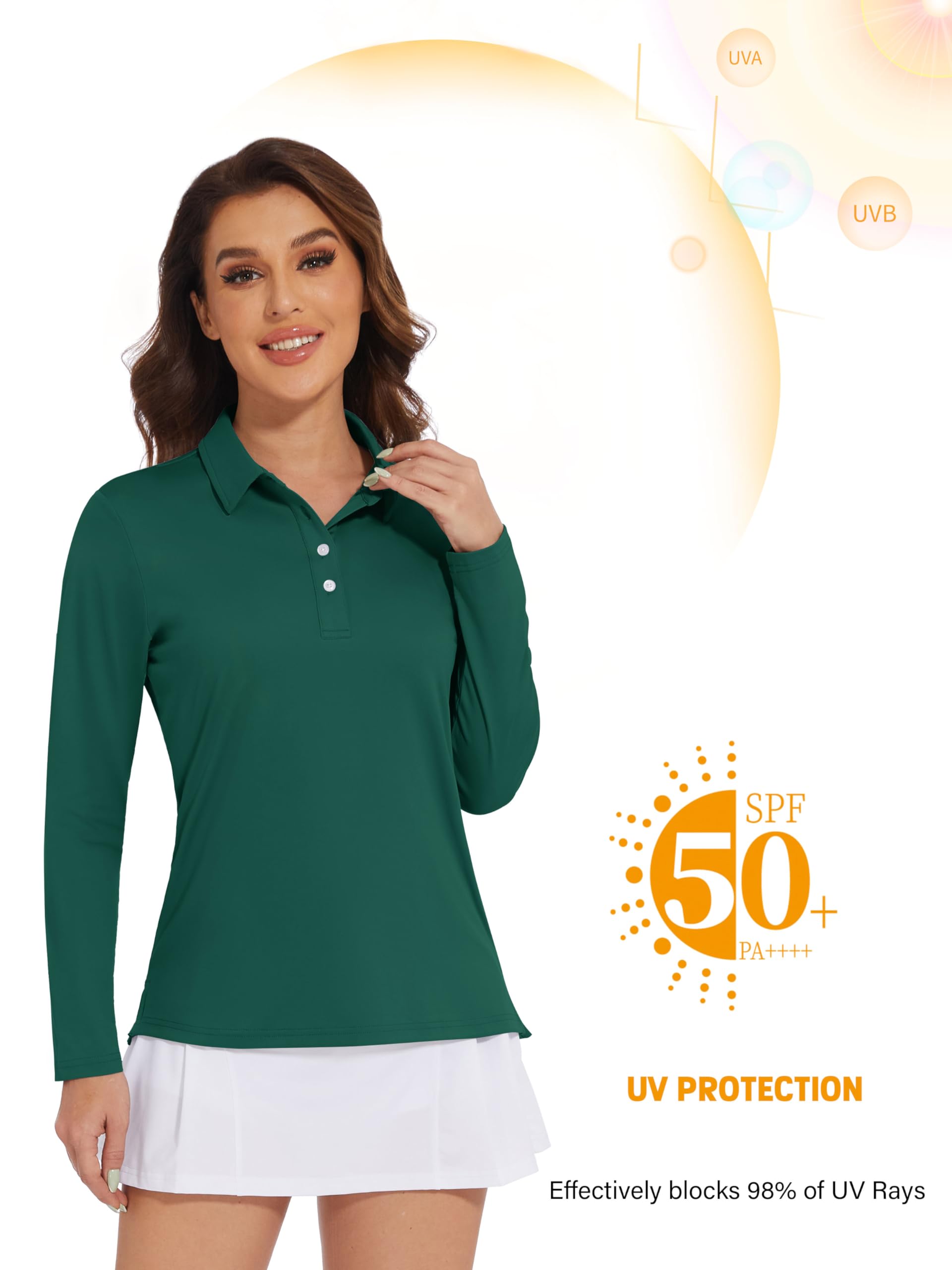 MAGCOMSEN Women's Swim Shirt Long Sleeve Polo Tees Shirts UPF 50+ UV Protection Athletic Shirts V-Neck Golf Polo Emerald Green,M
