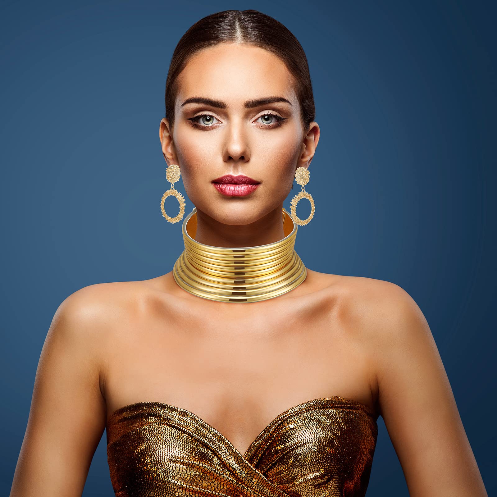Junkin 5 Pieces African Vintage Jewelry Set Includes Statement Choker Egypt Gold Tone Long Neck Collar Leather Bracelet Stud Earring for Women