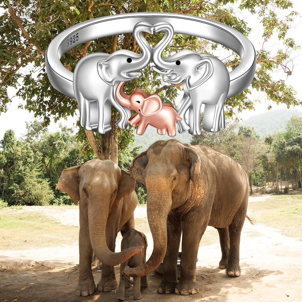 Jewlikee Elephant Ring Family Ring Sterling Silver Dad Mom Elephant Rings for Women Mama Elephants Gifts Size 9