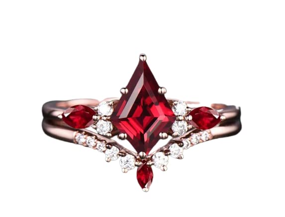 Kite cut red ruby engagement ring art deco rose gold moissanite ring marquise cut natural ruby ring vintage wedding bridal ring set women (WHITE, 6)