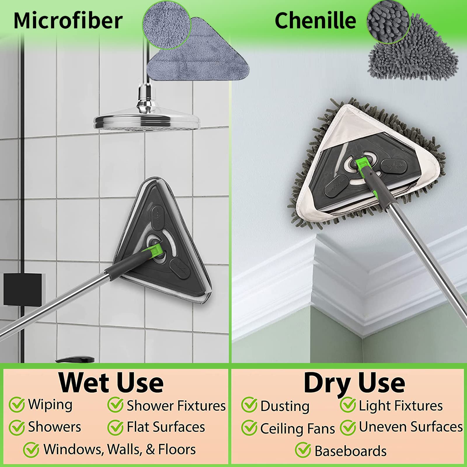 Hicvers Wall Cleaner Mop, Baseboard Tool Duster, with Extension Pole 23'' to 85'', Window Squeegee, 6 Replacement Washable Microfiber Pad, for Cleaning Walls Ceiling Floor, Gray