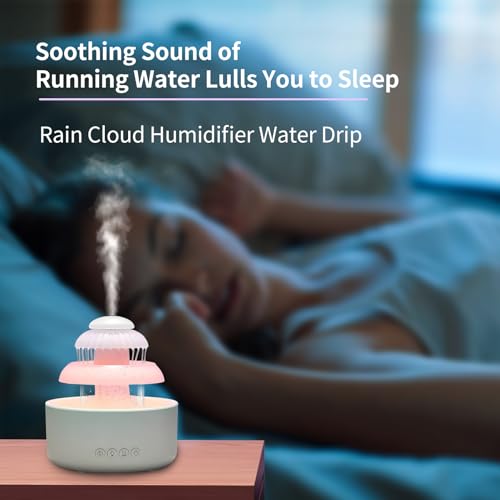 LILUOSUO Rain Cloud Humidifier Water Drip, 2 in 1 Humidifier with Aromatherapy Essential Diffuser, 600ml Mushroom Humidifier with 7 Colors, Rain Sounds for for Sleeping Relaxing
