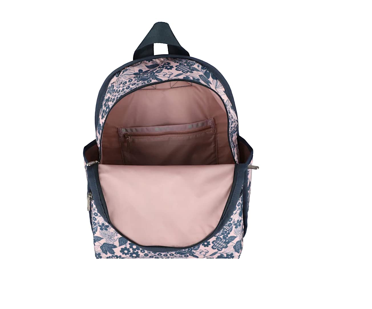 LeSportsac Rooks and Roses Basic Backpack/Rucksack, Style 7812/Color E483, Slate Blue Whimsical Roses, Graceful Branches & Leaves Artfully Arranged on Pearlized Pastel Pink Bag