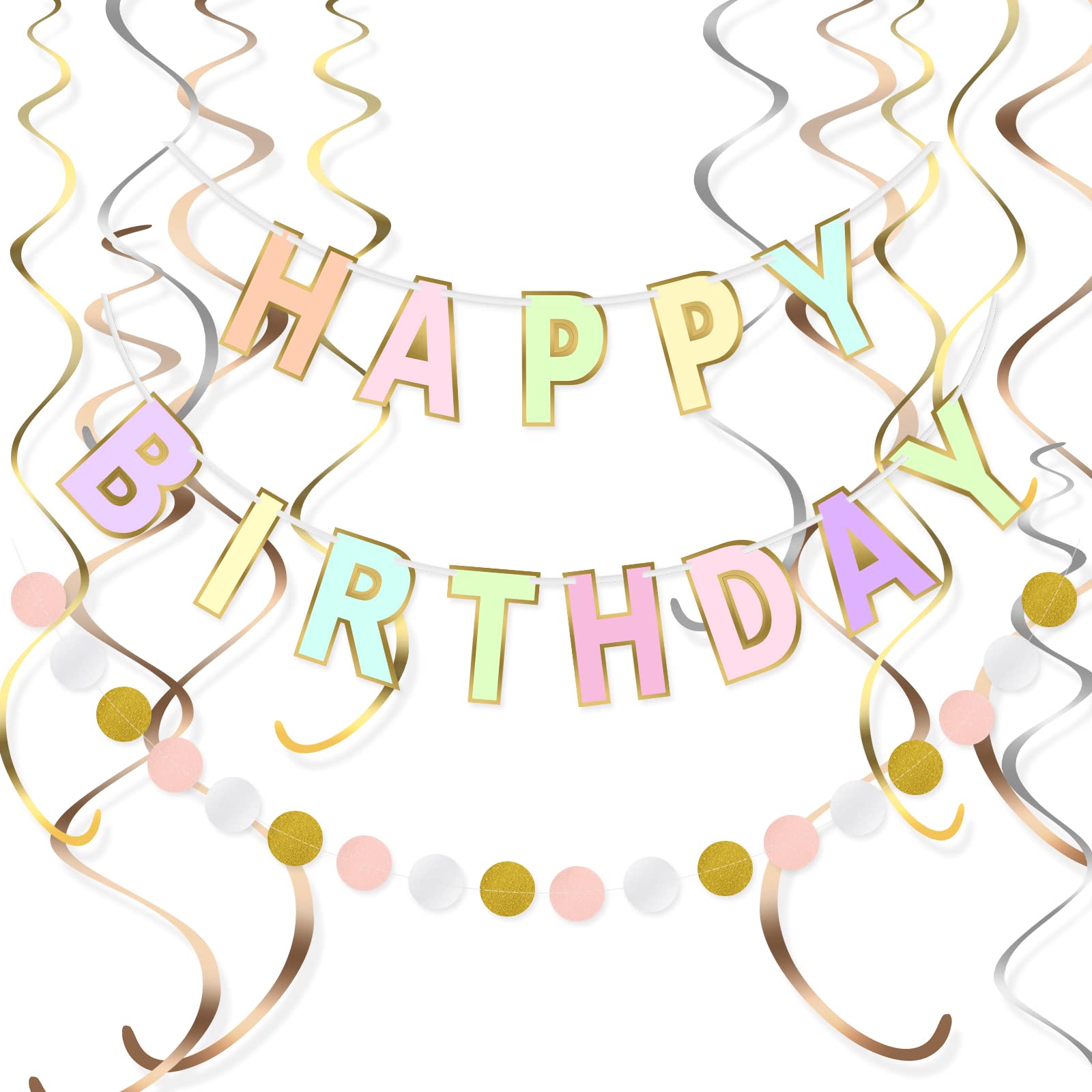 Happy Birthday Banner, Pastel Birthday Decorations, Pack of 20 include Birthday Banner, Garland, 18 Swirls with 3 Colors, Pastel Rainbow Party Decorations for Girls and Women