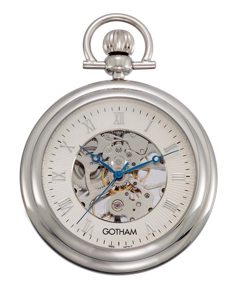 Gotham Men's Silver-Tone 17 Jewel Exhibition Mechanical Pocket Watch with Built-in Stand # GWC14055S