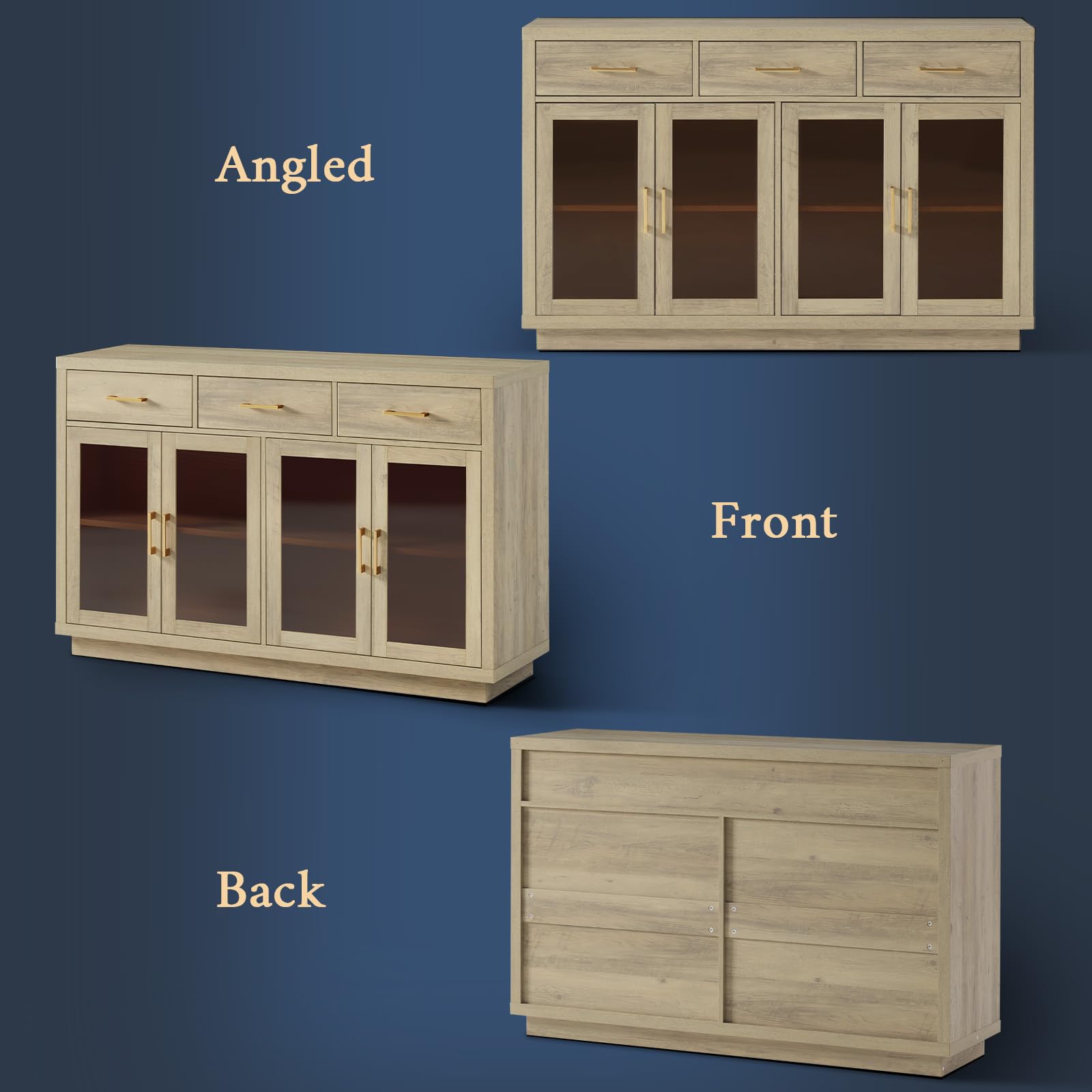 OAKHAM HOME Buffet Cabinet with Storage, 52.1" Large Sideboard Buffet Cabinet with 3 Drawers and 4 Glass Doors, Modern Wood Coffee Bar Cabinet, Buffet Table for Kitchen (Driftwood Oak)