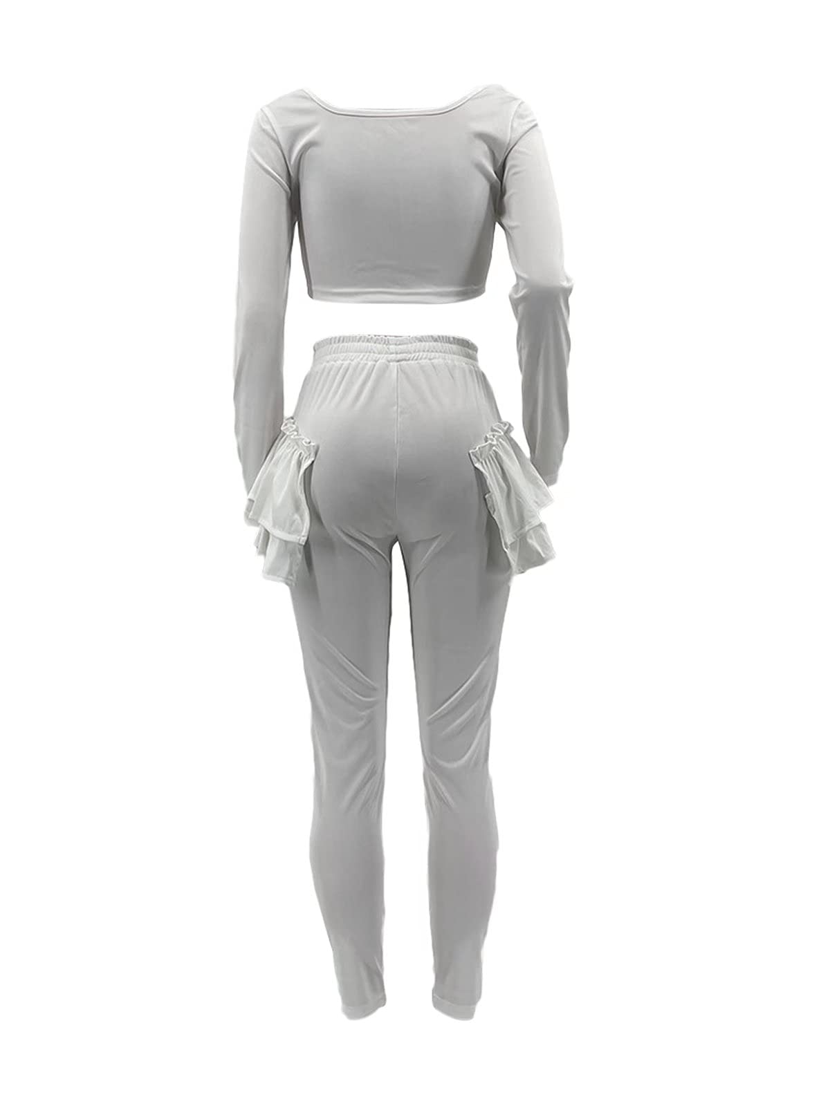 JURIS Women Sexy 2 Piece Tracksuits Set Solid Color Long Sleeve Crop Tops and Ruffle Bodycon Pants Outfits S White
