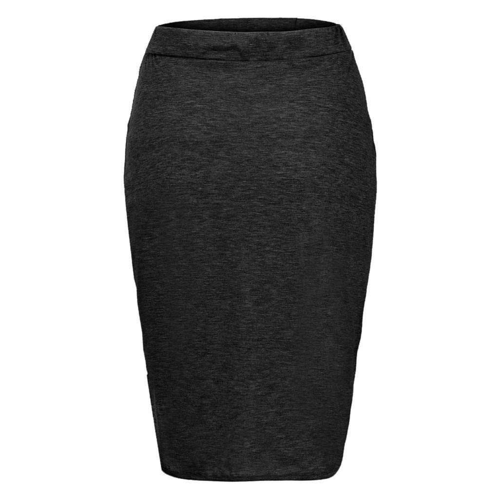 High Waist Skirts for Women Stripe Elastic Drawstring Casual Fashion Midi Skirt (L, Solid-Black)