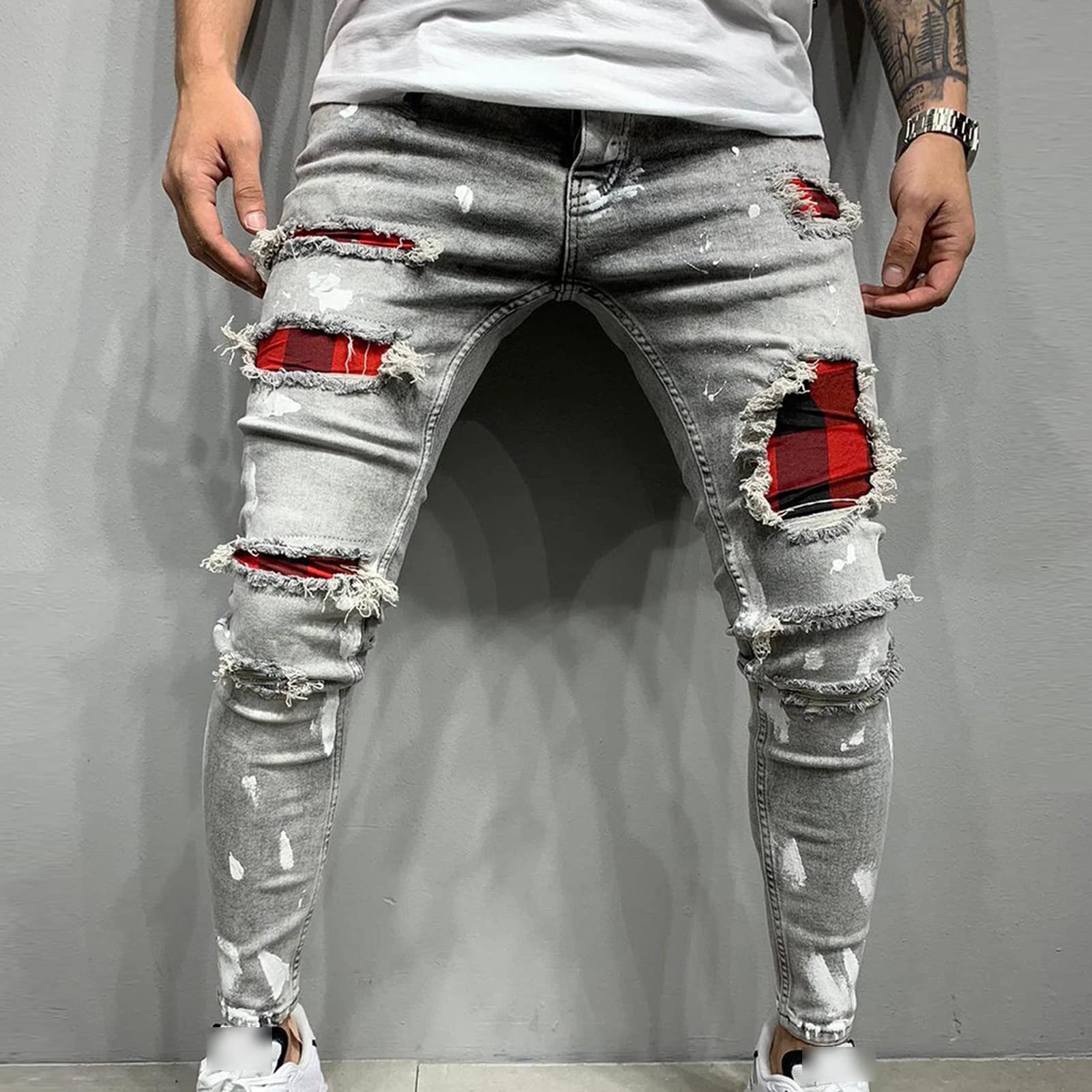 Maiyifu-GJ Men's Ripped Patch Skinny Jeans Distressed Stretch Biker Denim Pencil Pants Tapered Leg Patches Slim Fit Jean (Grey,XX-Large)