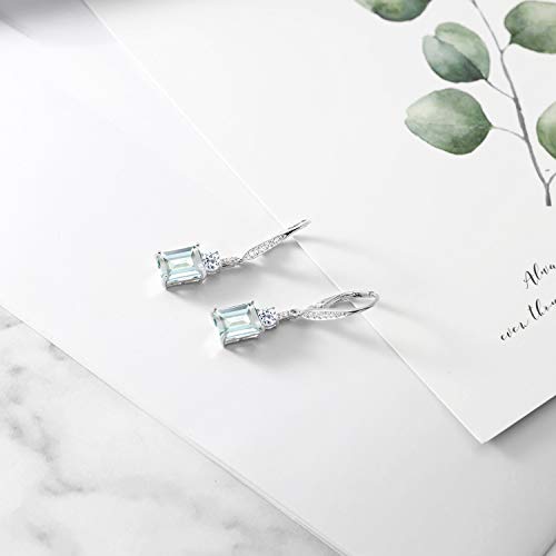 Gem Stone King 925 Sterling Silver Sky Blue Simulated Aquamarine and White Topaz Dangle Earrings For Women (5.26 Cttw, Gemstone Birthstone, Octagon 9X7MM)