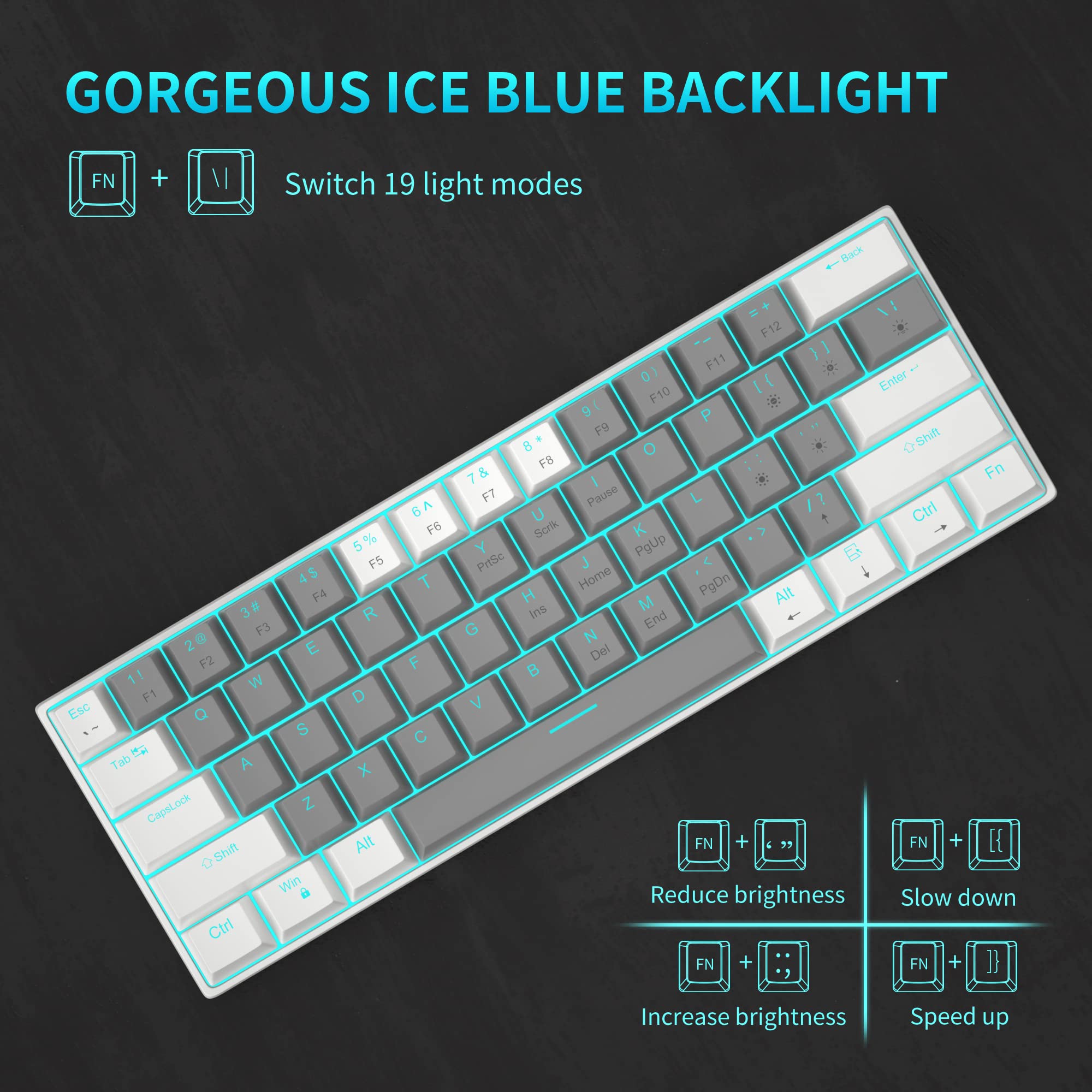 MageGee MK-Mini 60% Mechanical Gaming Keyboard, 61 Keys Compact Gaming Keyboard with Blue Switch, Portable Blue LED Backlit USB Type-C Wired Office Keyboard for PC Laptop, White & Gray