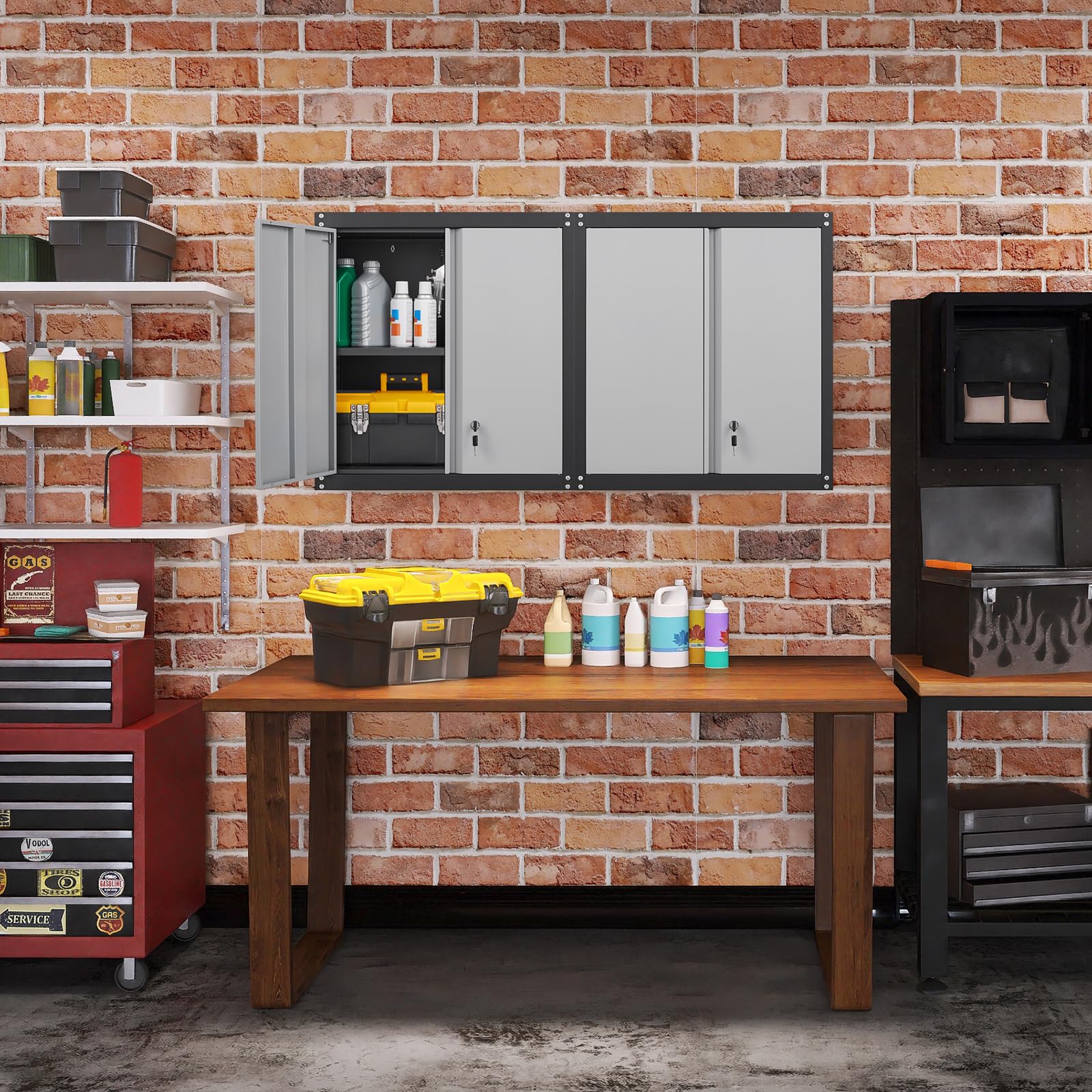 GREATMEET Metal Wall Cabinet, Wall Mounted Cabinet with Doors and Adjustable Shelf, Metal Storage Cabinet with Lock, Wall Cabinet for Garage, Pantry, Utility Room, White