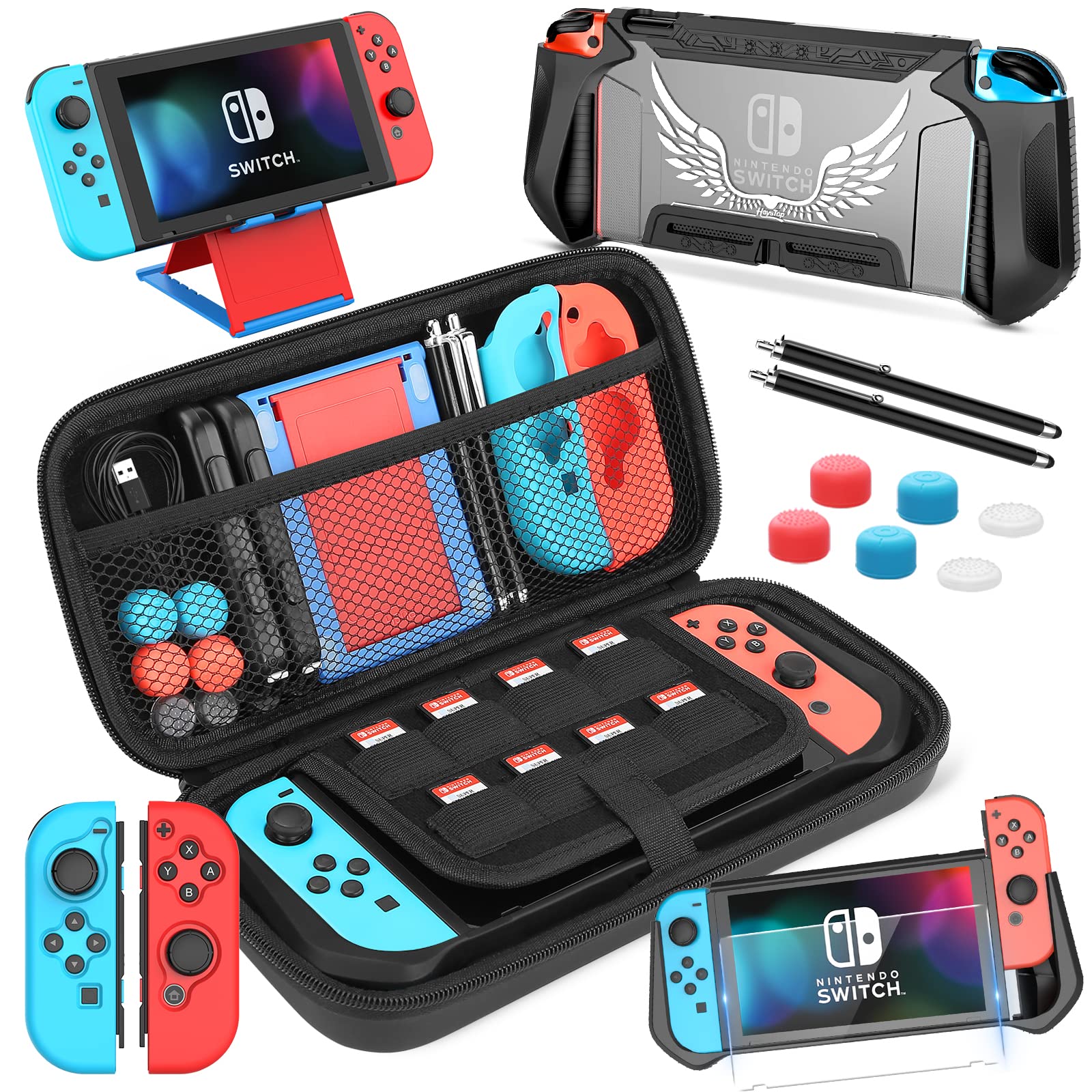 HEYSTOP Carry Case Compatible with Nintendo Switch, Upgraded 14 in 1 Switch Accessories Include Travel Case, TPU Protective Case, Screen Protector, Grip Case, Playstand, Touchscreen Pen and Thumb Cap