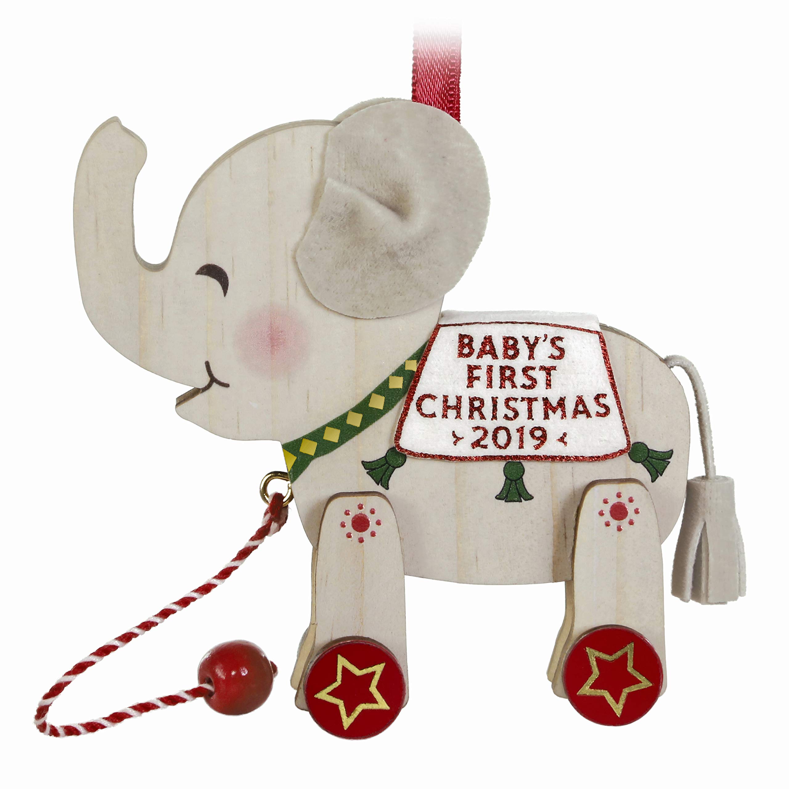 Hallmark Keepsake Christmas Ornament 2019 Year Dated, Baby’s First Christmas Elephant Pull Toy, Wood