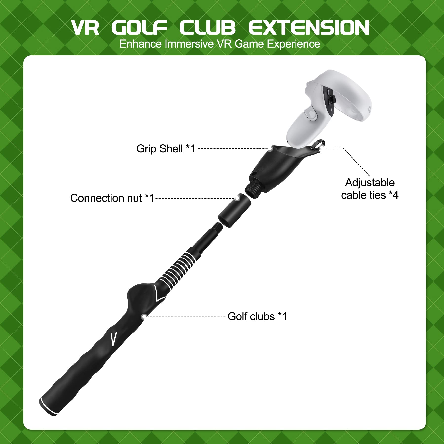 MASiKEN VR Extension Handle For Meta/Oculus Quest 2 Golf Club - Longer Controller Accessories With Real Golf Grip, Realism Waving Golf Adapter In VR Quest 2 Games (Right Controller)