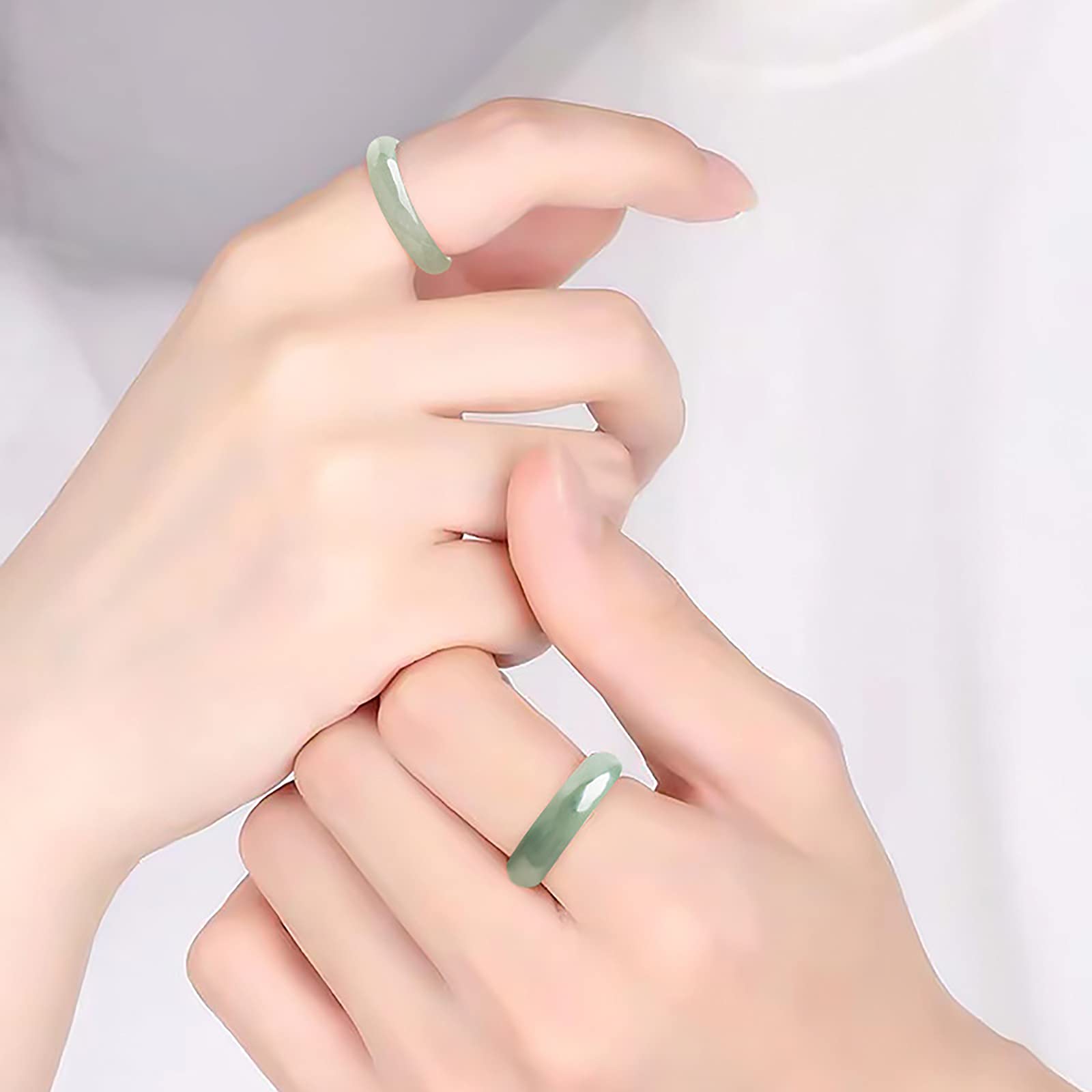 HSUMING Chinese Natural Green Jade Band Rings for Women, Size 6-10 (Green, 8)