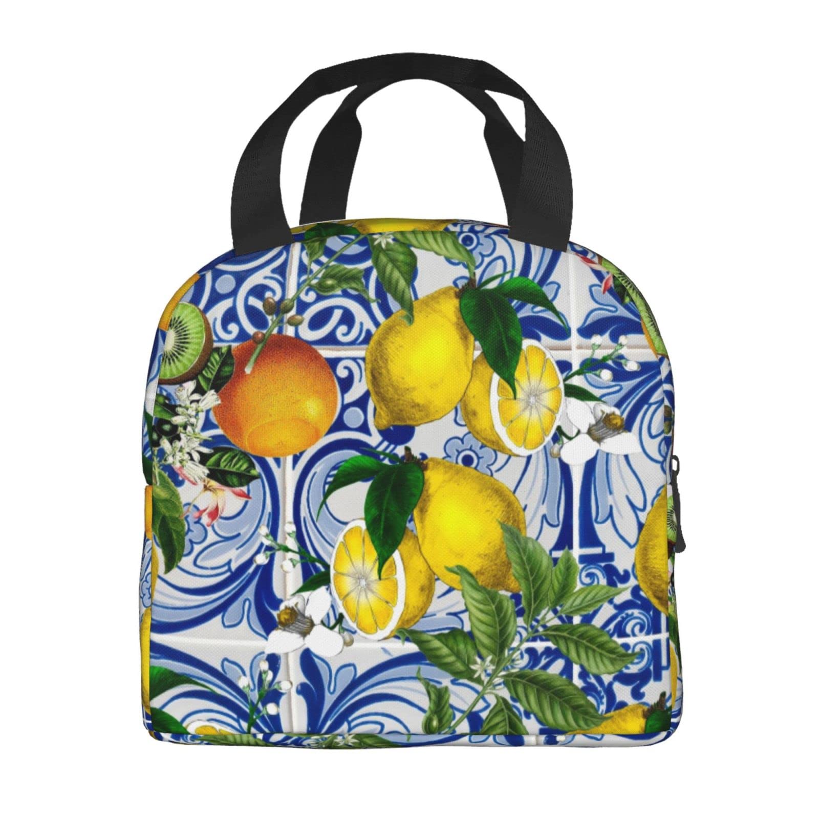 Larklitz Mediterranean Lemon On Blue Ceramic Tiles Reusable Insulated Lunch Bag for Women and Men, 8.5"x8"x5"/22x20x13 cm, Polyester