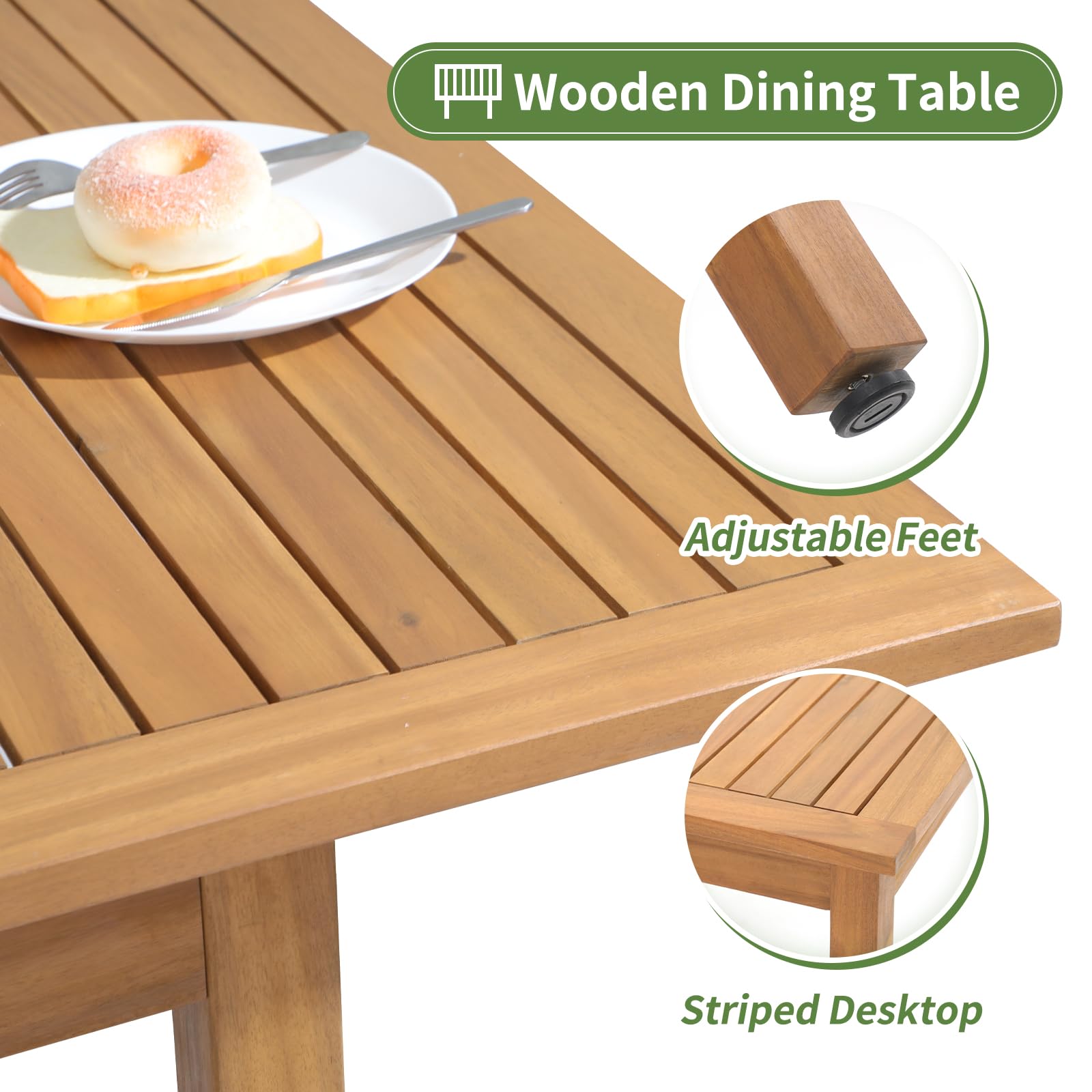 OC Orange-Casual 7 Piece Patio Dining Set, Outdoor Acacia Wood Furniture Set w/Extendable Rectangular Table and 6 Foldable Reclining Chair, FSC Certified, for Deck Garden Backyard, Beige