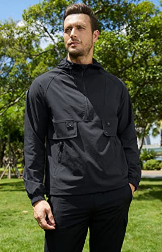 Libin Men's Lightweight Anorak Jackets Water-Resistant Windbreaker Breathable Travel Hiking Pullover, Black M