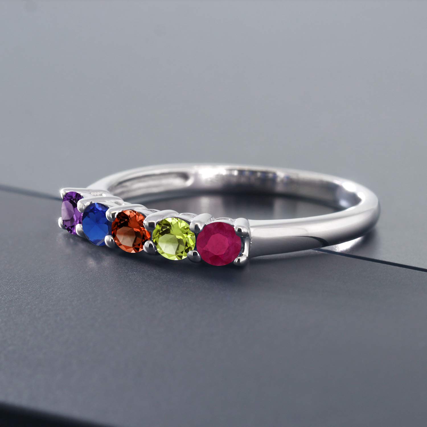 Gem Stone King 10K White Gold Promise Customized and Personalized 5 Gemstone Birthstone For Her Anniversary Band Engagement Flower Blossom Ring For Women (Size 7)