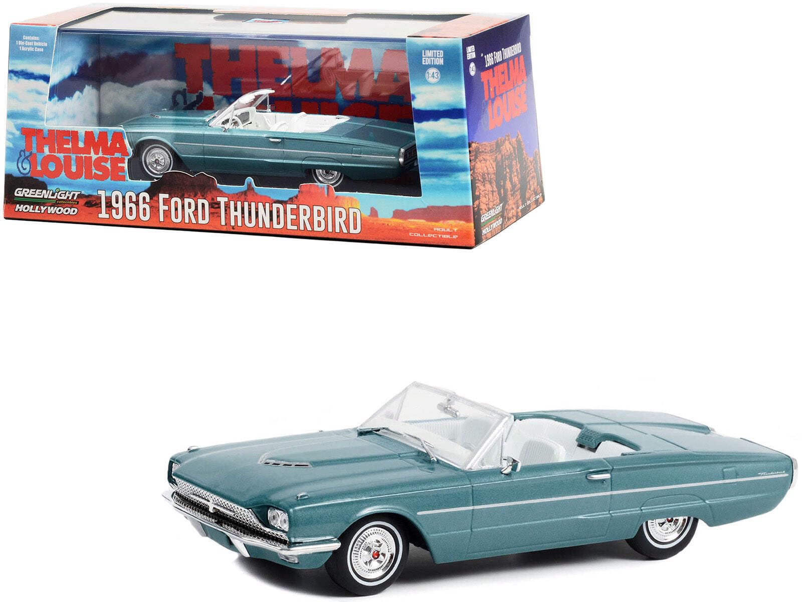 Greenlight 1966 Ford Thunderbird Convertible Light Blue Metallic with White Interior Thelma & Louise (1991) Movie Hollywood Series 1/43 Diecast Model Car