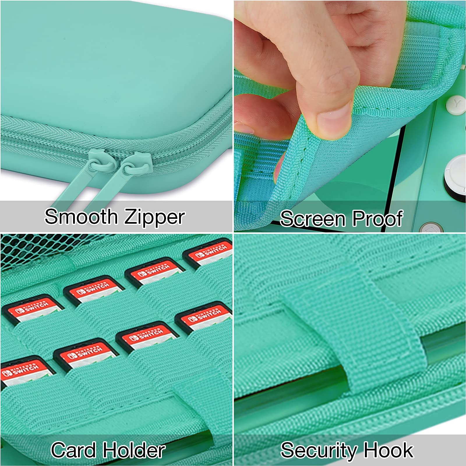HEYSTOP Compatible with Switch Lite Carrying Case, Switch Lite Case with Soft Glitter TPU Protective Case Games Card 6 Thumb Grip Caps for Nintendo Switch Lite Accessories Kit(Turquoise)