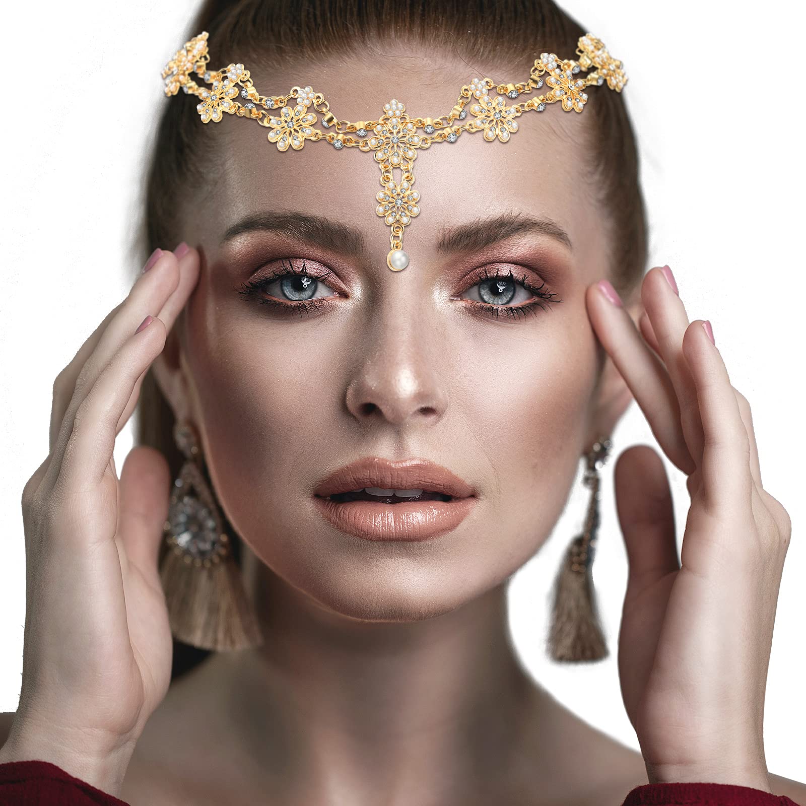 Head Chain Jewelry Headpiece Rhinestone Head Jewelry Wedding Headband Chain Headpiece Bohemian Style Rhinestone Headband Diamond Head Chain Hair Accessories for Women Girls Hair Decoration (Gold)