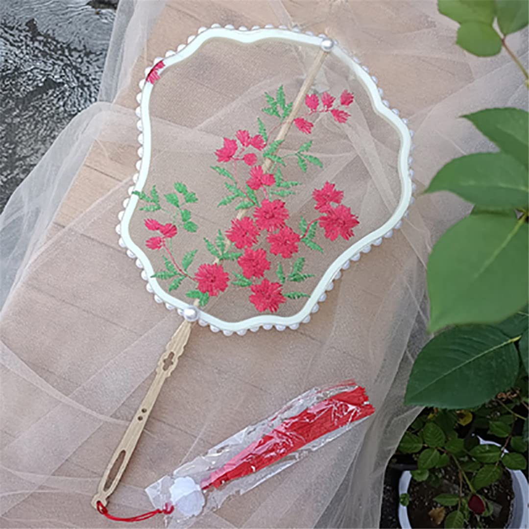 Lmtossey Chinese Traditional Embroidery Hand Fan Vintage China Ancient Costume Han Fu Dance Cheongsam Fan Long Handle Performance Props